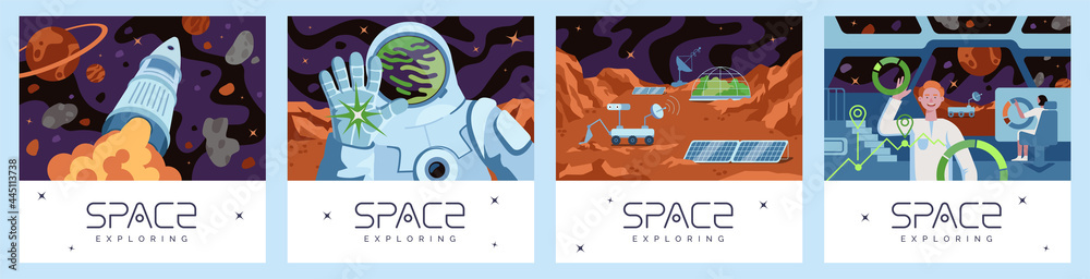 Space exploring posters set. Rocket explorer flies in galaxy banner ...