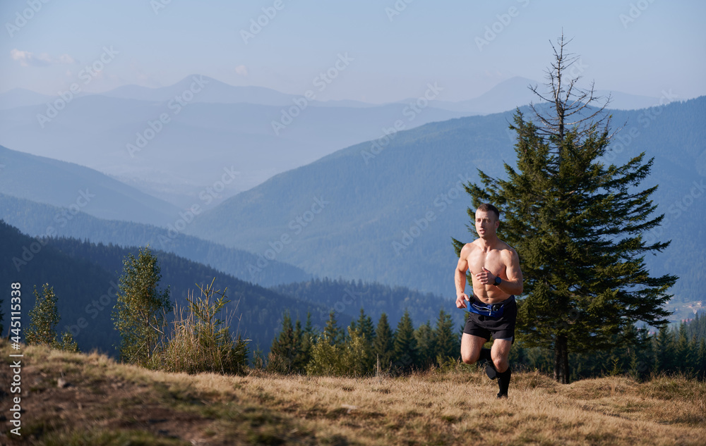 Shirtless young man running up grassy hill with blue sky and mountains ...