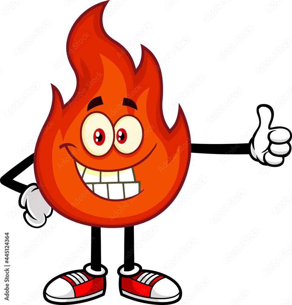 Smiling Red Fire Cartoon Character Giving A Thumb Up. Vector Hand Drawn ...