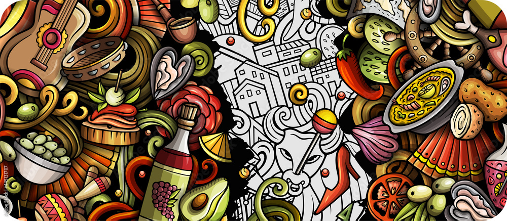 Spain hand drawn doodle banner. Cartoon vector detailed flyer ...