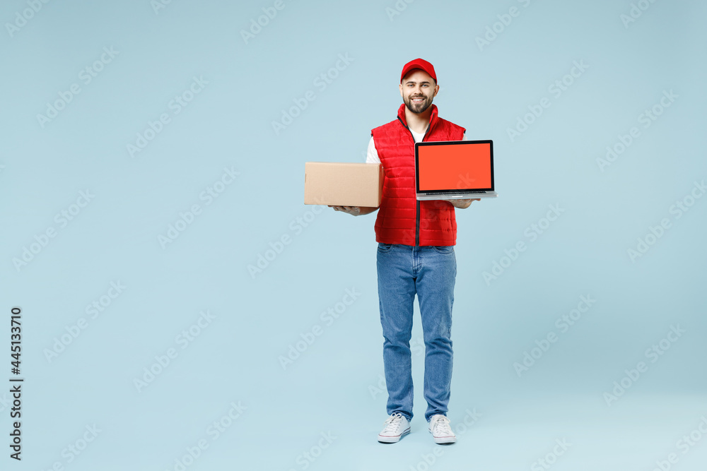 Full size body length delivery guy employee man in red cap white T ...