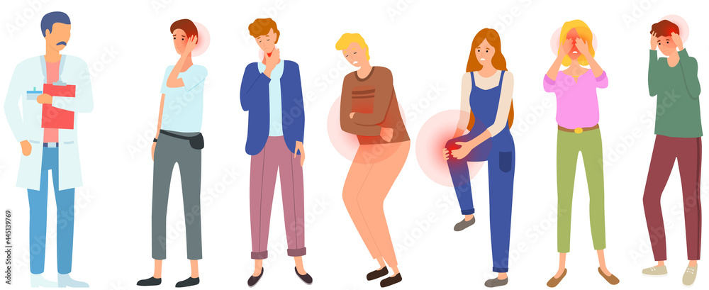 Sad people suffering from pain in joints. Painful sensations of sick ...