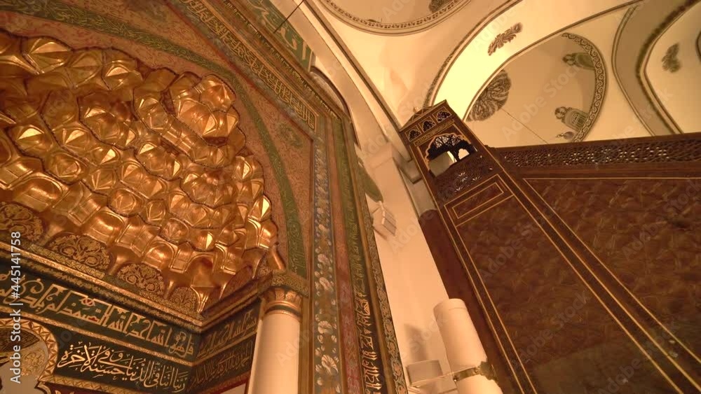 Interior of giant historic great mosque.Minaret masjid mystical god ...