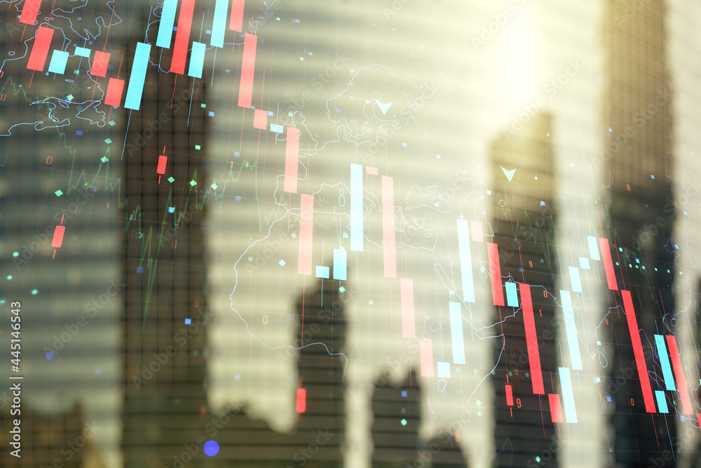 Economic crisis chart and world map hologram on modern architecture ...