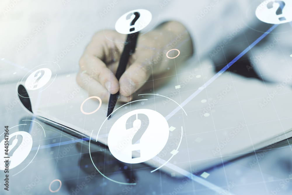 Creative concept of question mark illustration and man hand writing in ...