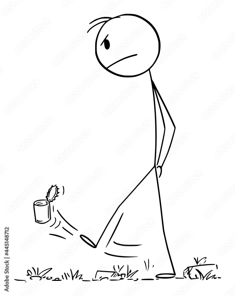 Angry Frustrated Man Walking and Kicking the Garbage, Vector Cartoon ...