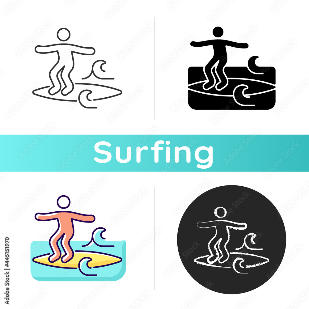 Noseriding surfing technique icon. Performing maneuver on head-high ...