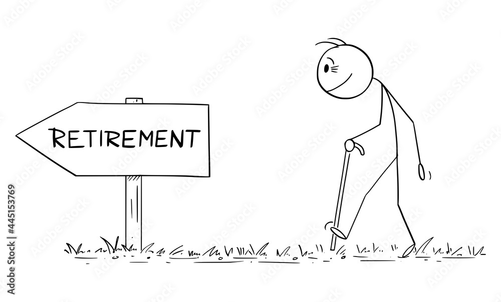 Old age Worker with Walking Stick Following Retirement Arrow Sign ...