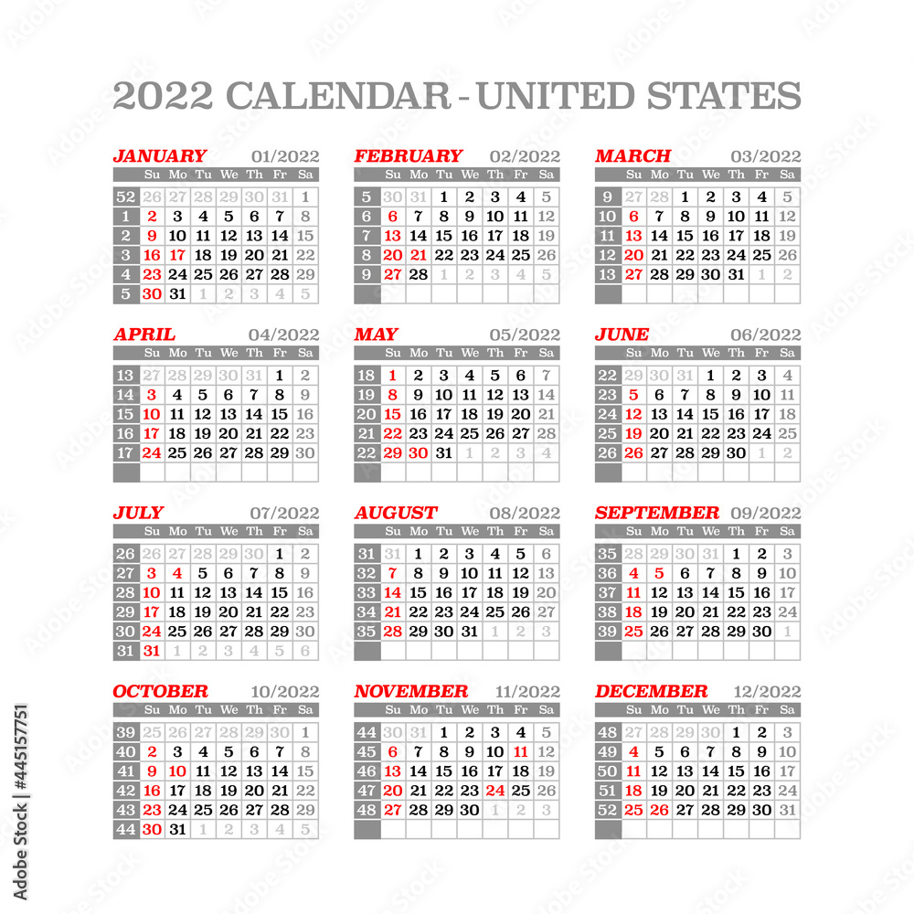 2022 Year Calendar with weeks numbering. Week starts on Sunday. Concept ...