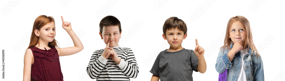 Art collage made of portraits of little and happy kids isolated on ...