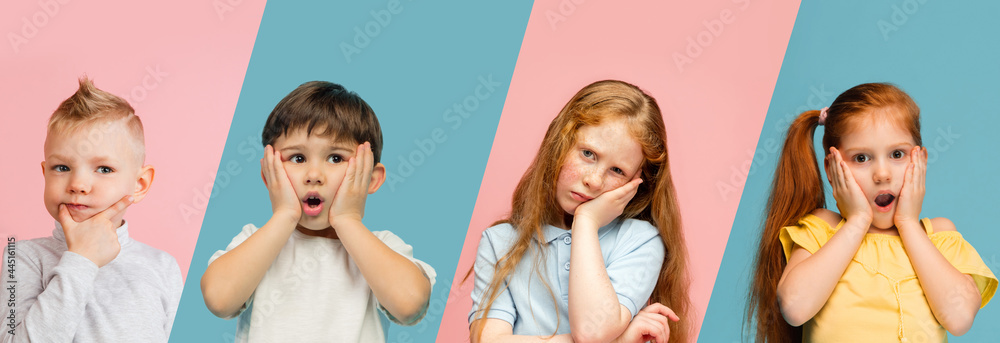 Collage made of portraits of little and happy kids isolated on ...