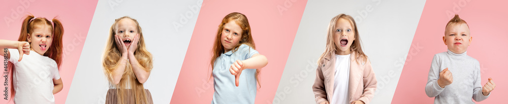 Art collage made of portraits of little and happy kids isolated on ...