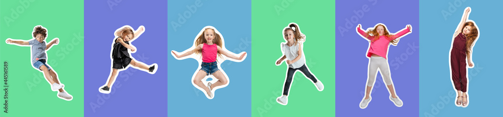 Art collage made of little and happy kids jumping isolated on ...