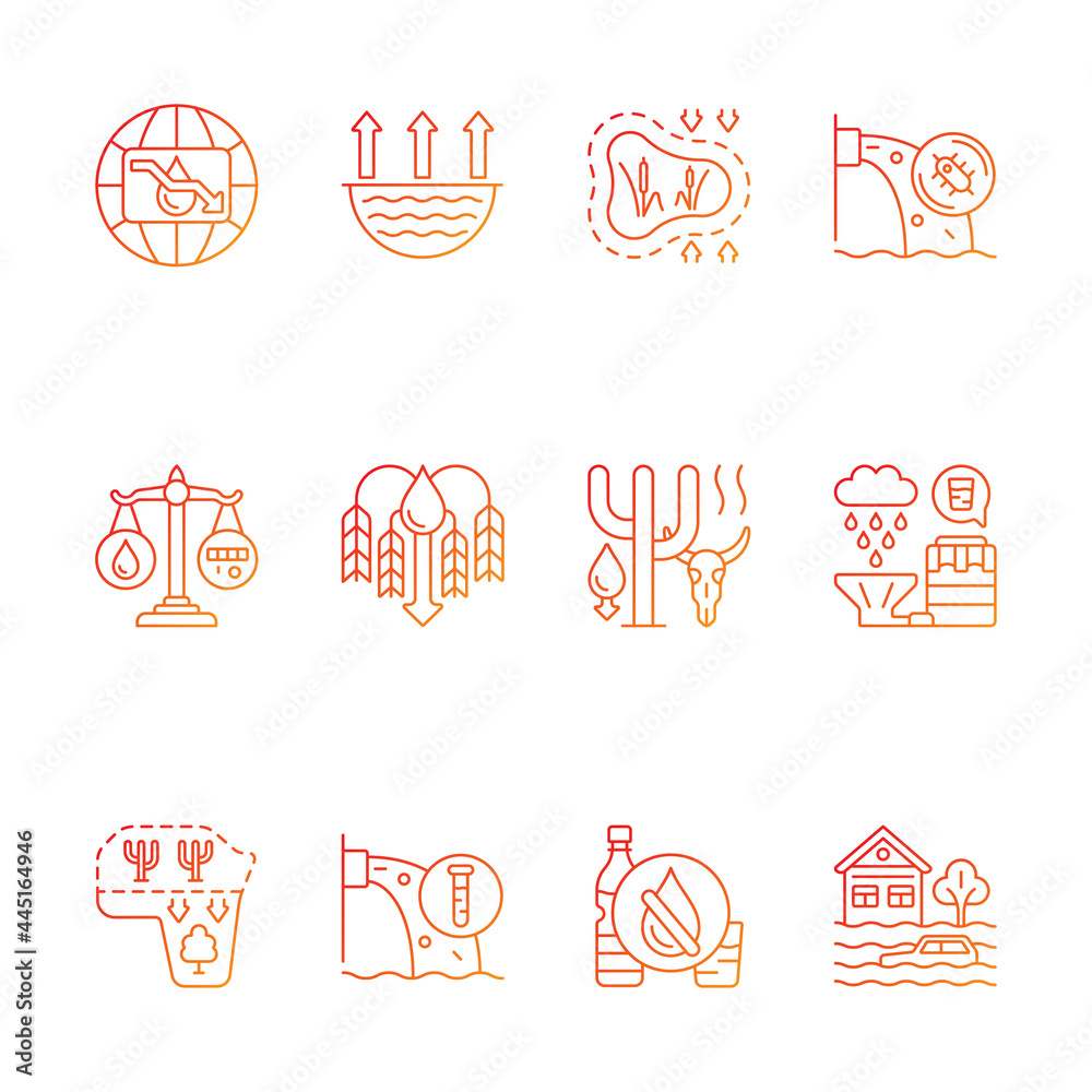 Global water crisis gradient linear vector icons set. Water resources ...
