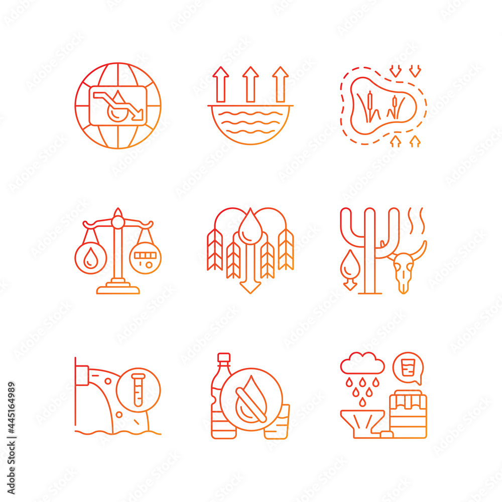 Water resources lacking gradient linear vector icons set. Water scarcity. Disappearing wetlands ...