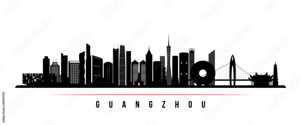 Guangzhou skyline horizontal banner. Black and white silhouette of ...