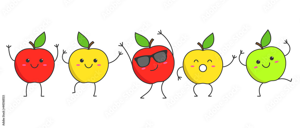 Character cartoon dancing apples happy emotions set icon logo vector ...