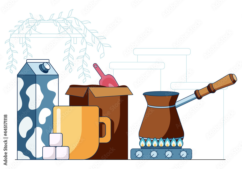 Cartoon vector illustration in a flat style of coffee cezve on gas ...