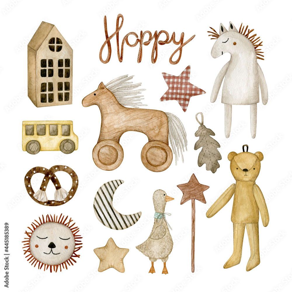 Watercolor illustration set with kids nursery decor and wood toys. Hand ...