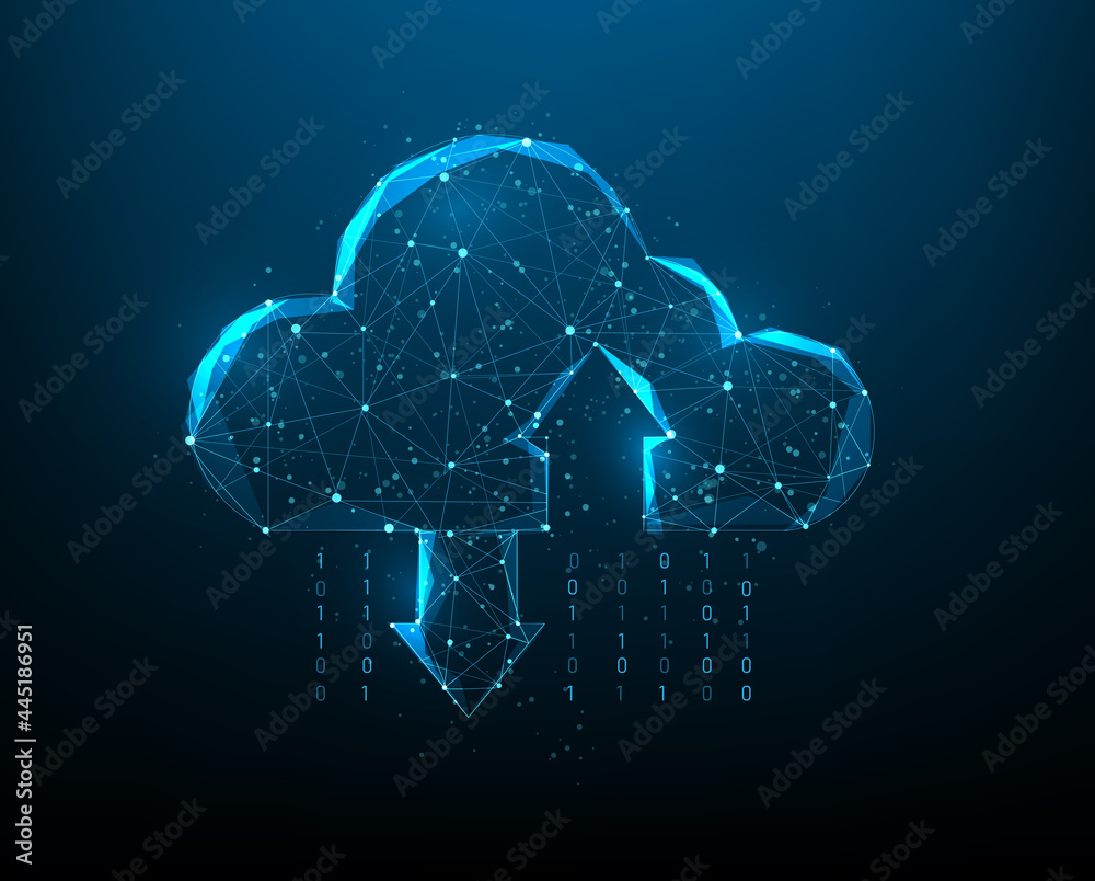 cloud data digital low poly wireframe on blue dark background. Cloud ...