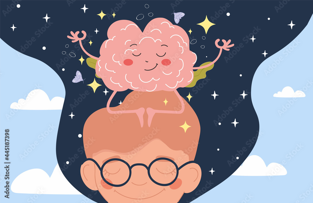 Calm brain meditation to relax balance or mental wellness concept. Boy ... Calm brain meditation to relax balance or mental wellness concept. Boy ...