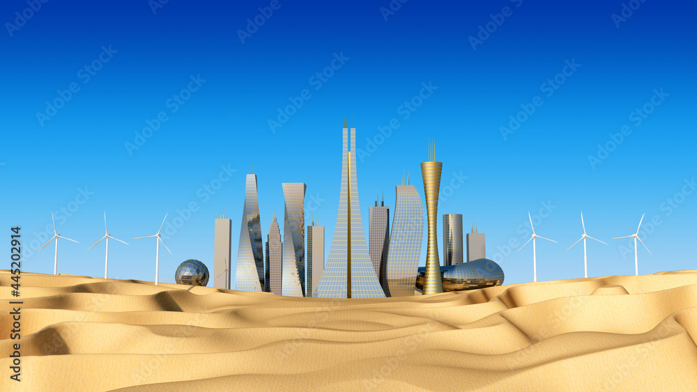 Modern city and wind turbines in desert. Sand dunes and high glass ...