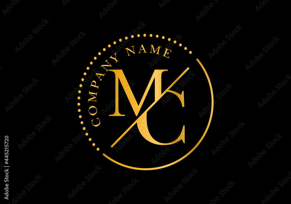 Golden letters MC with golden circle frames. Graphic Alphabet Symbol ...
