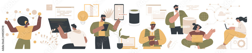 Set of diverse cartoon characters using gadgets and modern technologies ...