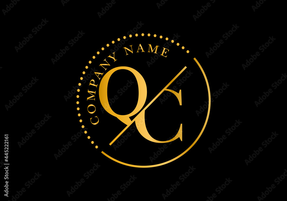 Golden letters QC with golden circle frames. Graphic Alphabet Symbol ...
