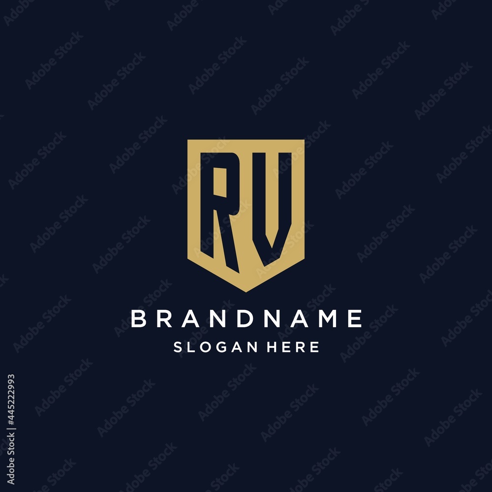 RV monogram initials logo design with shield icon Stock Vector | Adobe ...