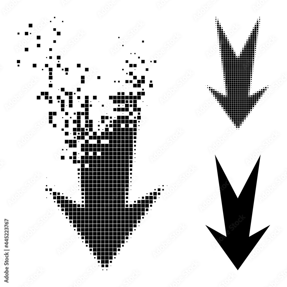 Dissolved pixelated arrow down glyph with destruction effect, and ...