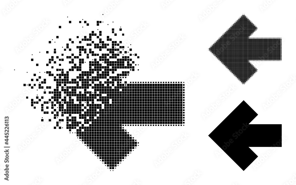 Moving pixelated arrow left pictogram with wind effect, and halftone ...