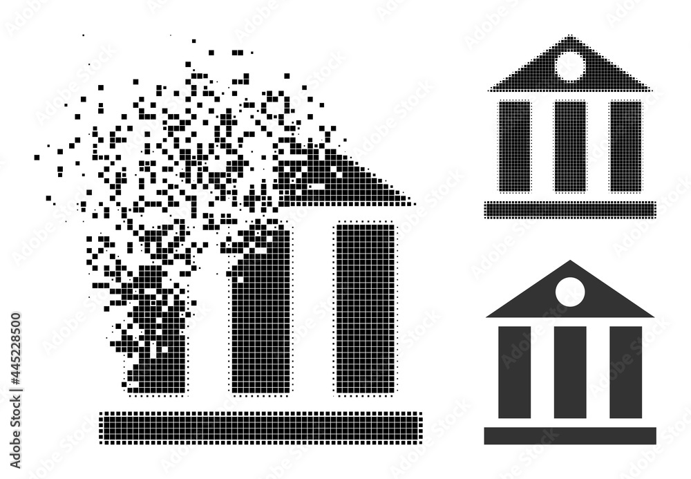 Disappearing pixelated bank building icon with wind effect, and ...
