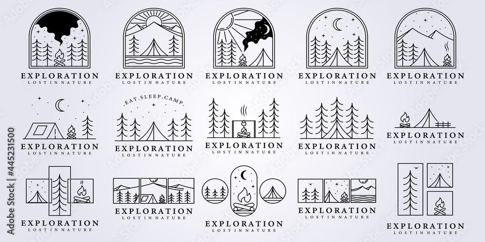 set collection bundle camp night tent camp fire logo vector ...