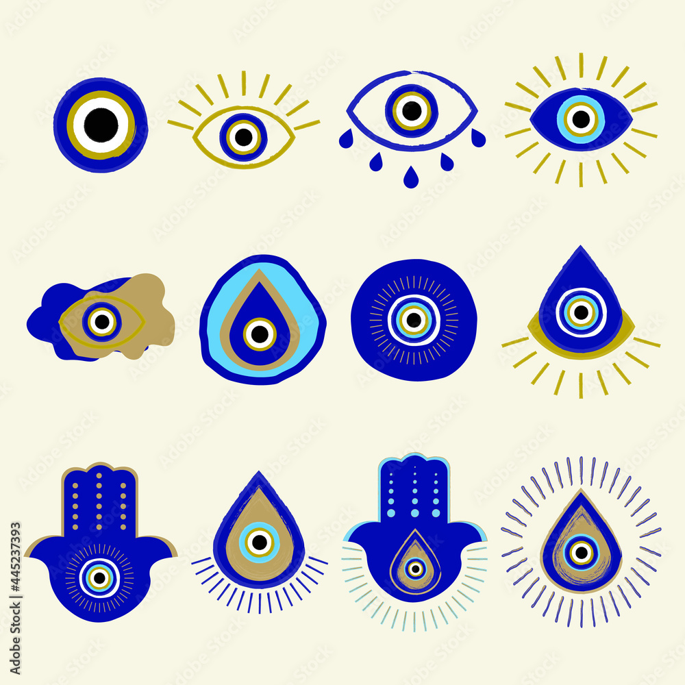 Evil eye or Turkish eye symbols and icons set. Hand drawn various ...