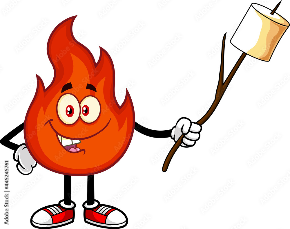 Smiling Red Fire Cartoon Character Holds А Stick With Roasted ...