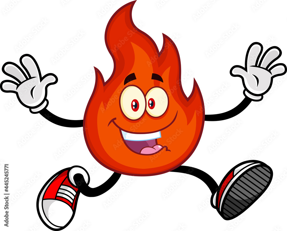 Happy Red Fire Cartoon Character Running. Vector Hand Drawn ...