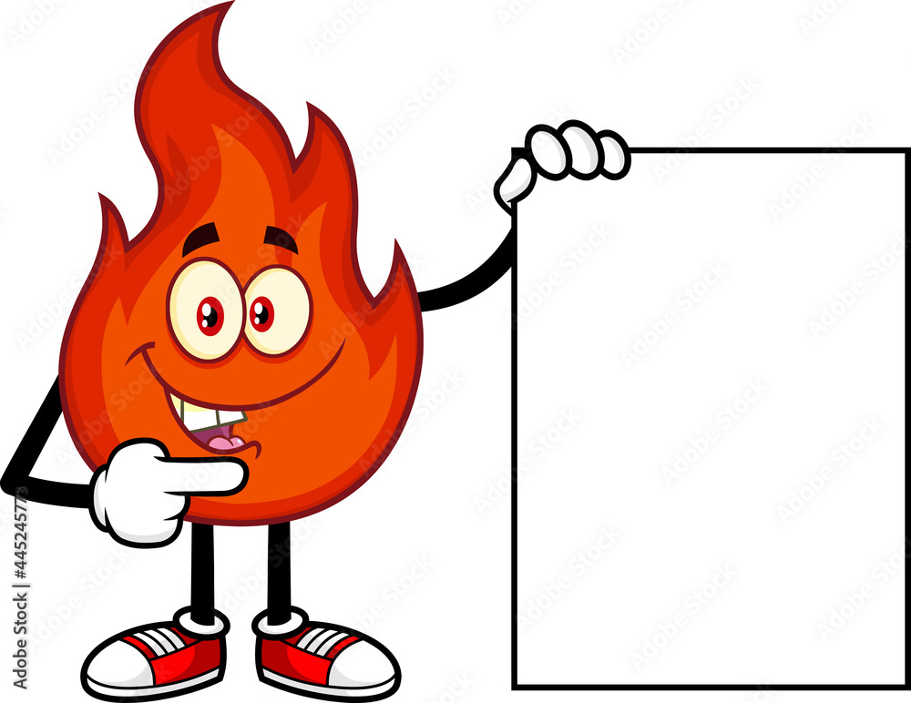 Funny Red Fire Cartoon Character Pointing To A Blank Sign. Vector Hand ...