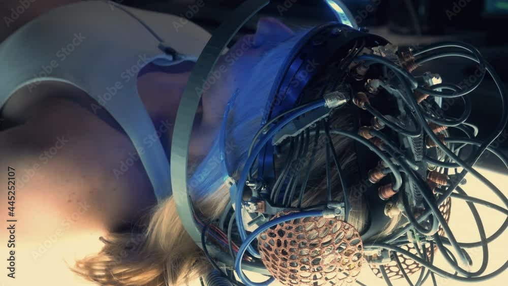 Close Up Shot of Brain Scan Headset. Female Patient Wearing Futuristic ...