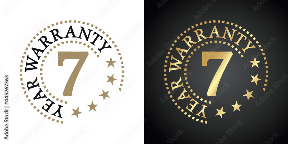 7 Year Warranty five stars white gold black logo icon label button ...