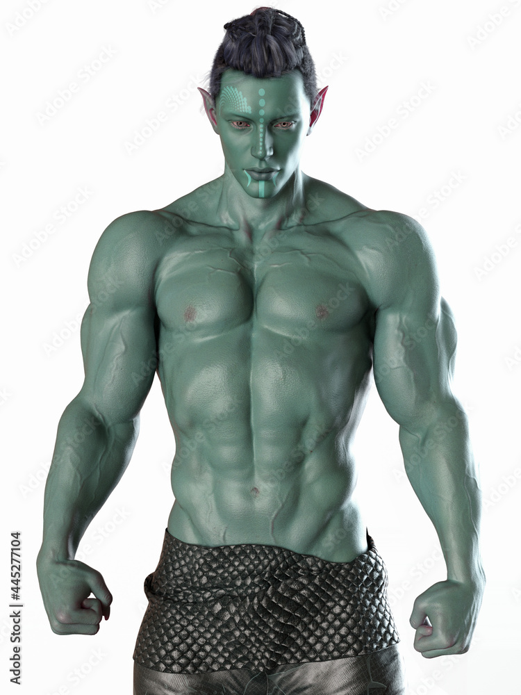 A 3d digital render of a muscular male alien with green skin and pointy ...