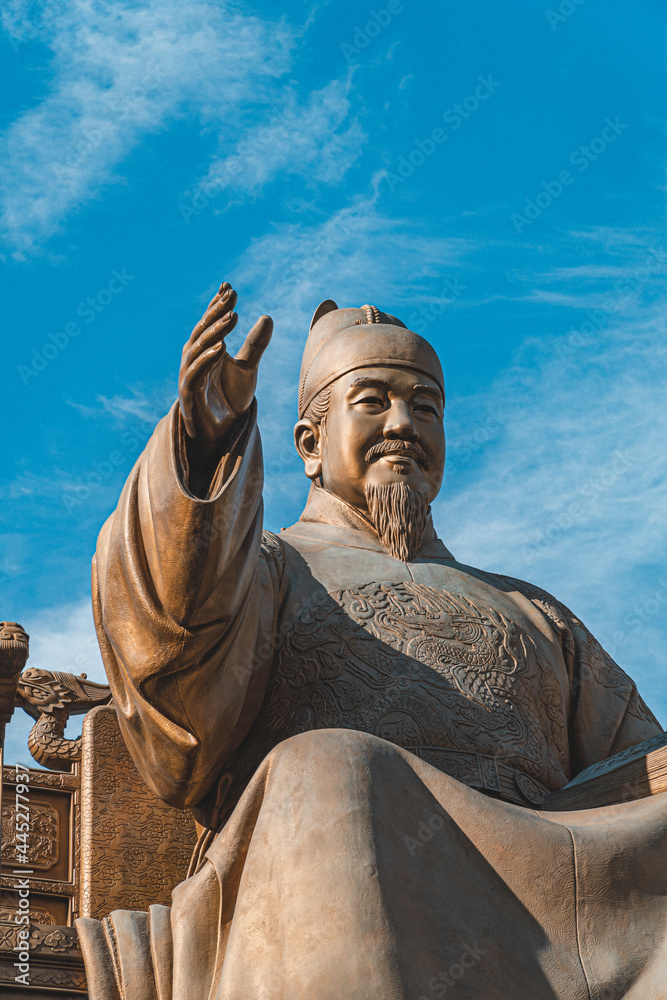 Closeup of Sejong the Great monument, the fourth king of the Joseon ...