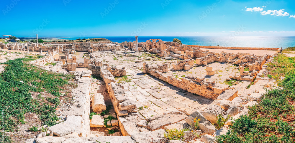 Panoramic view of the ruins and arches of the ancient Greek city ...