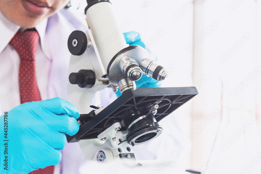 Microscope and test tubes in laboratory and laboratory tools in reseach ...