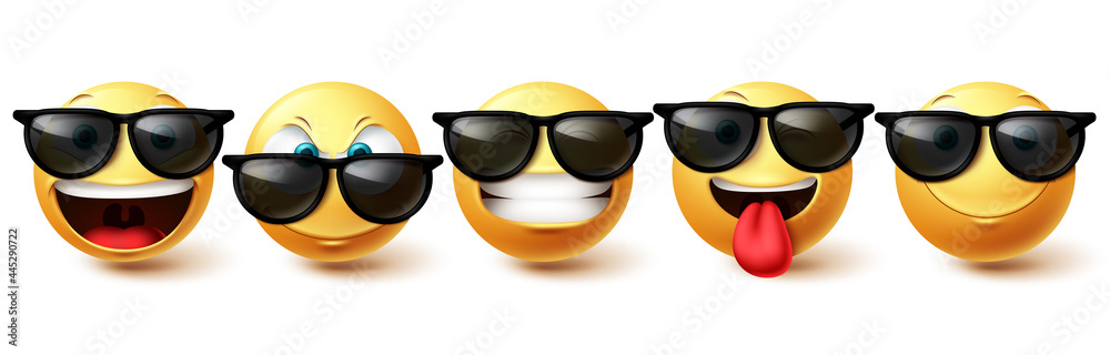 Smiley face vector set. Emoji cool face collection in happy, funny and ...