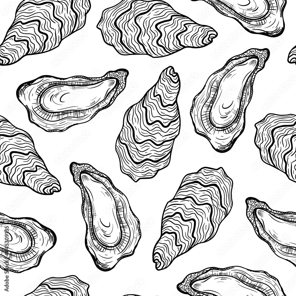 Oyster seamless vector pattern. Open and closed shells of an edible ...