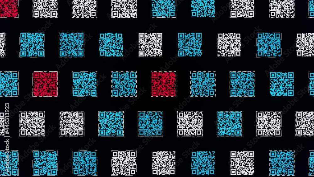 Colorful QR codes on black background. Animation. rows of codes move ...