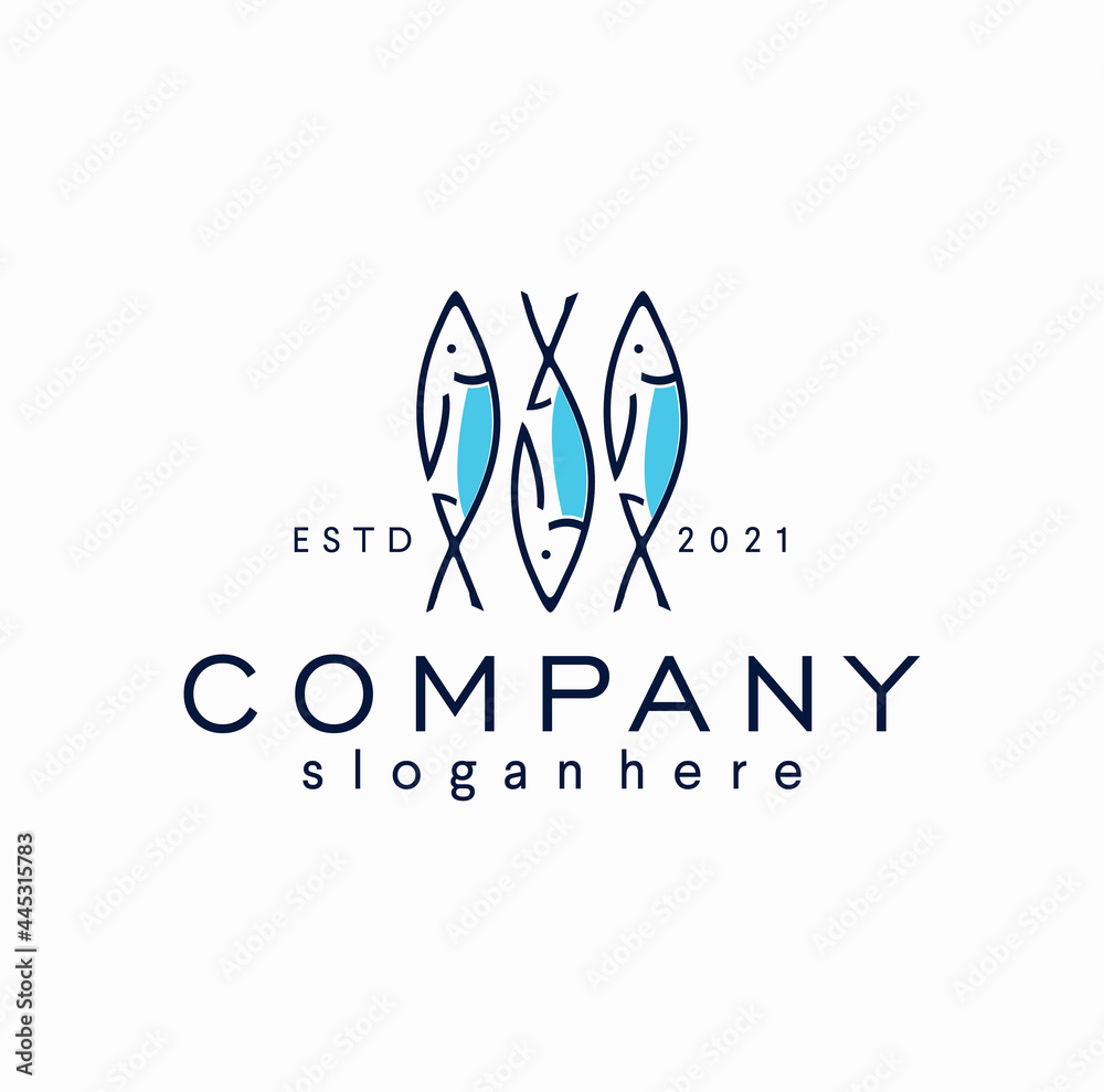 Triple three Fresh Fish logo line art template icon. fresh salmon ...