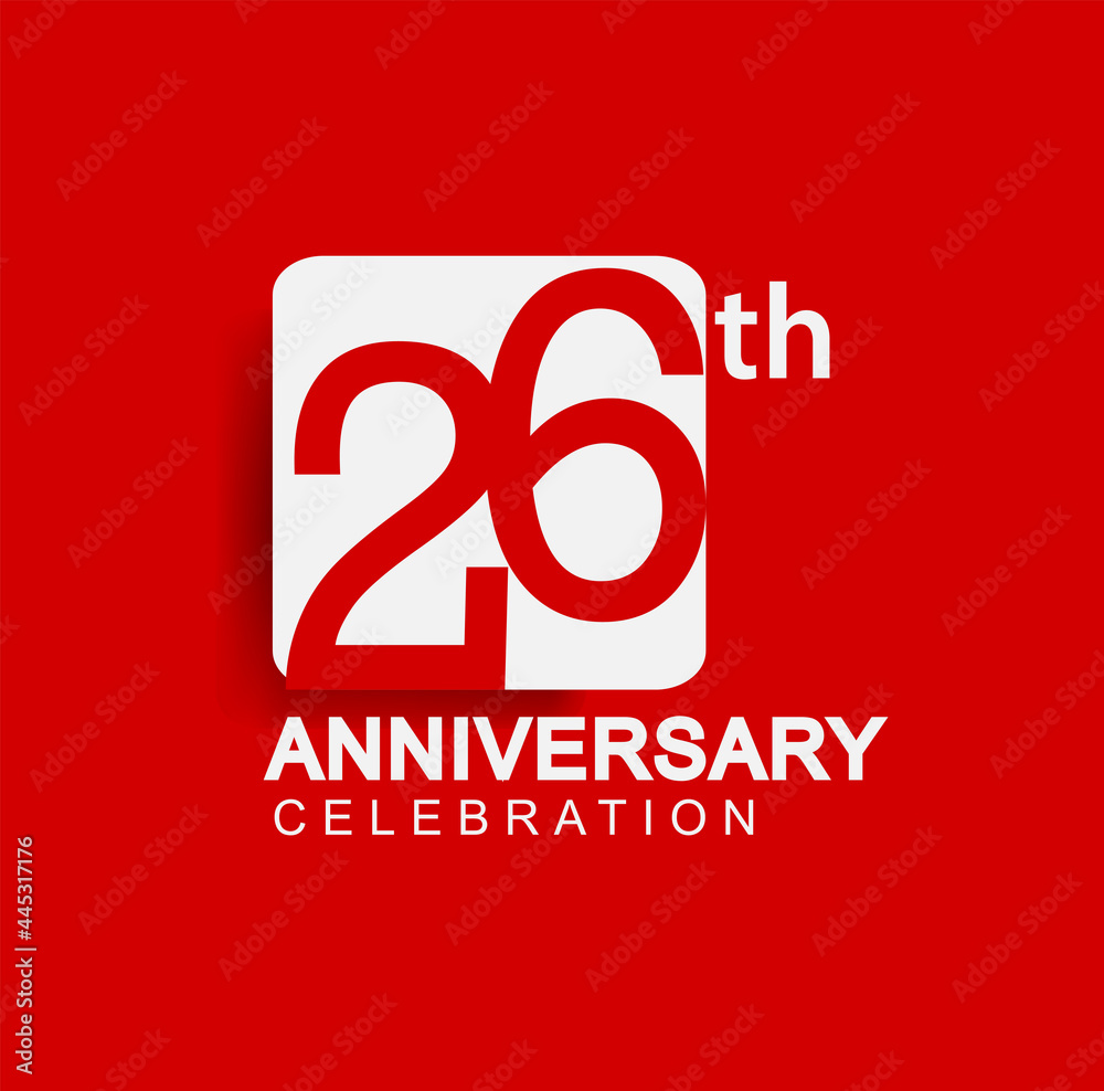 26th years anniversary logo with white square isolated on red ...