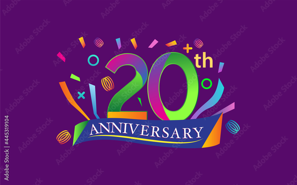 Celebration 20th Anniversary Background With Colorful Ribbon And Confetti Poster Or Brochure